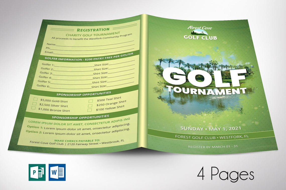Golf Tournament Bi-fold Brochure Word Publisher Template - GraphicMule