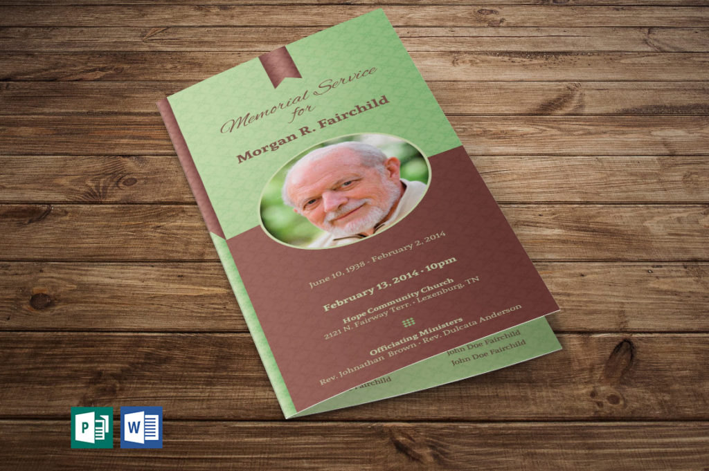 Green Brown Bi-fold Funeral Program Word Template - GraphicMule